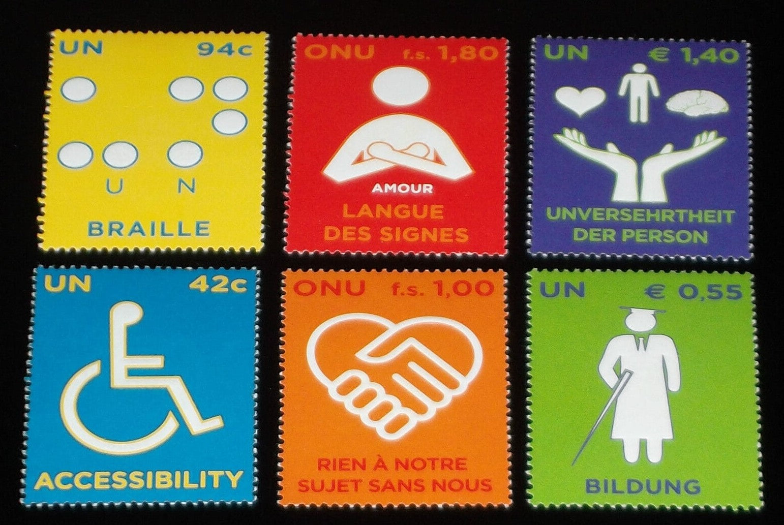 United Nations Braille + embossed stamp complete set from all three of ...